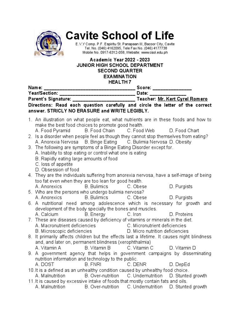 HEALTH 7 EXAM (2nd Quarter) Questions | PDF | Malnutrition | Eating ...