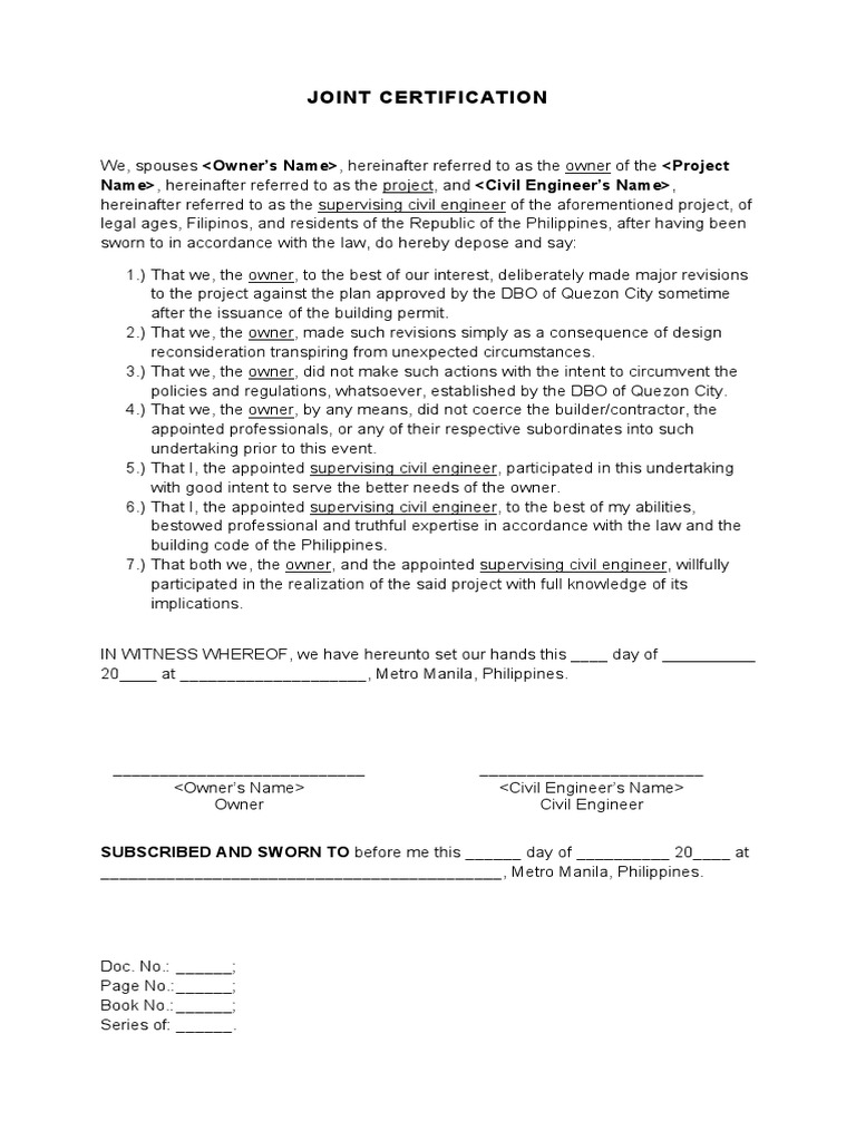 Joint Certification - Quezon City DBO - Civil Engineer | PDF