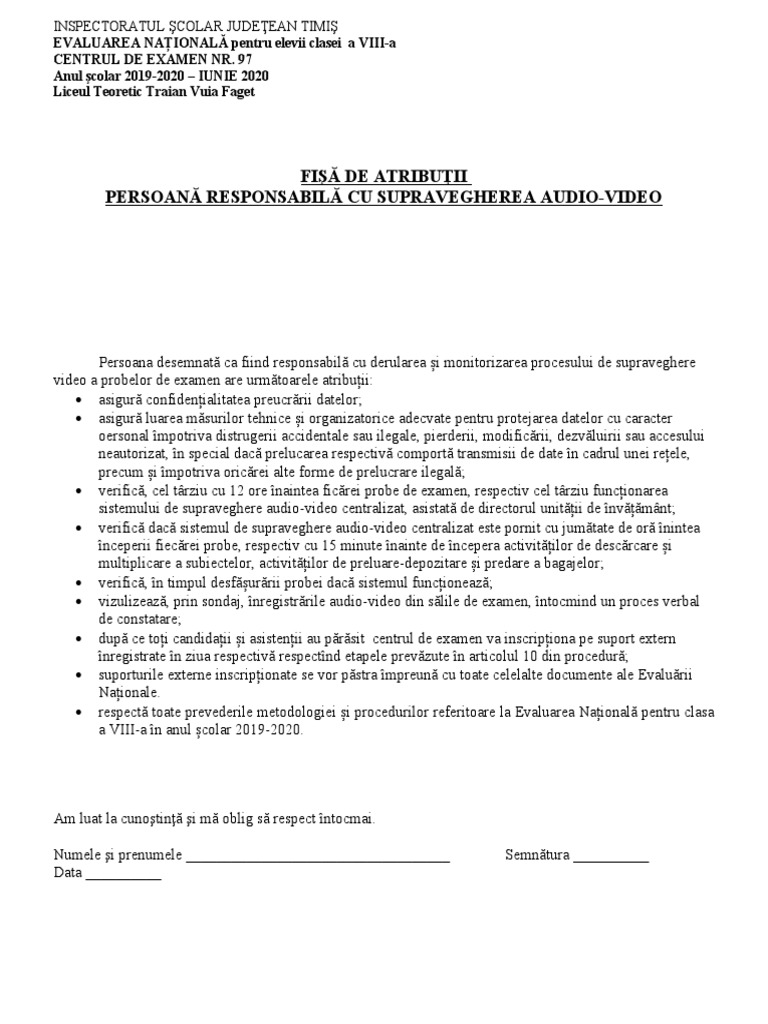 Fisa de Atributii Persoana Responsabila Cu Supravegherea Audio-Video | PDF