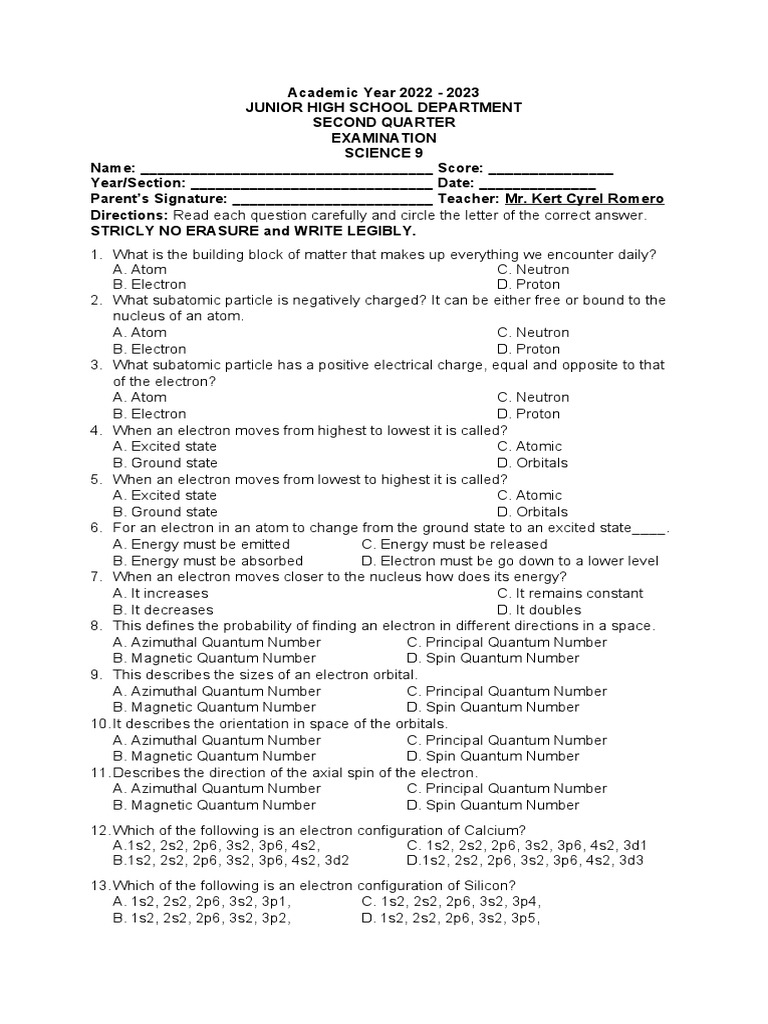 SCIENCE 9 EXAM (2nd Quarter) Questions | PDF | Chemical Bond | Electron