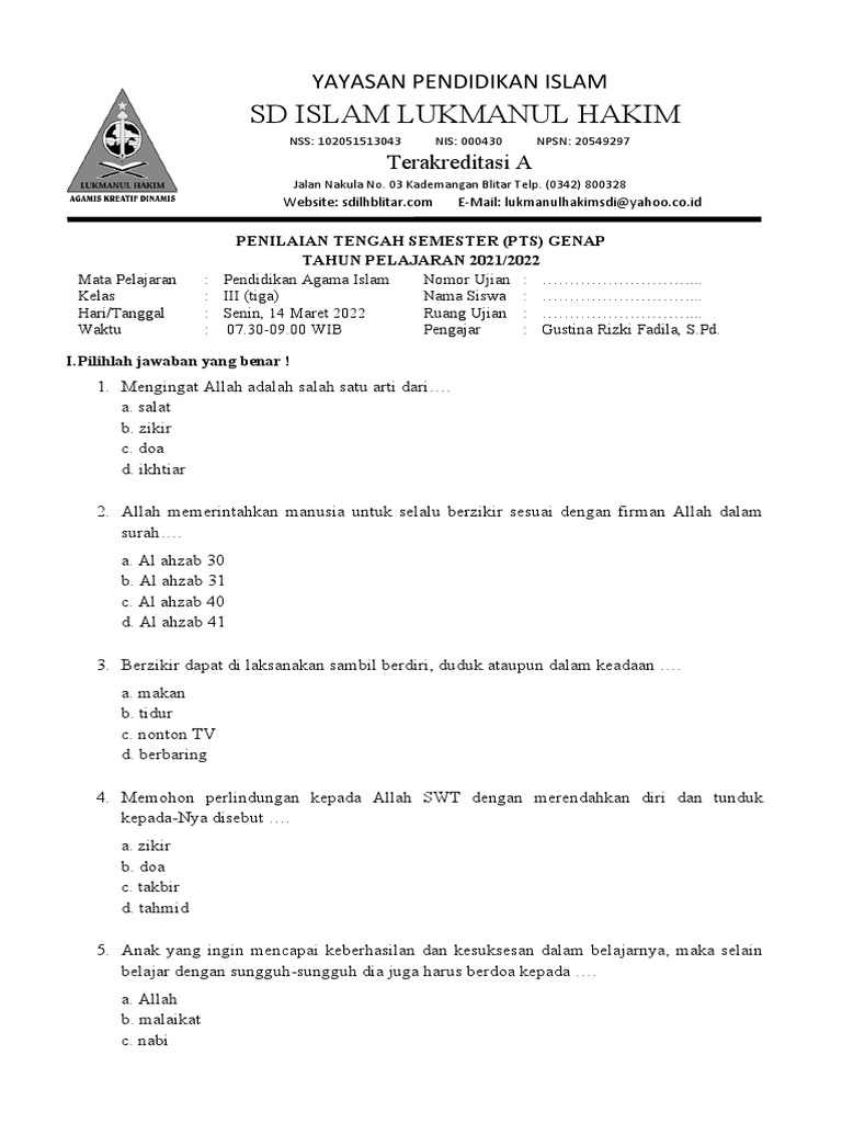 Soal Pai Kelas 3 | PDF