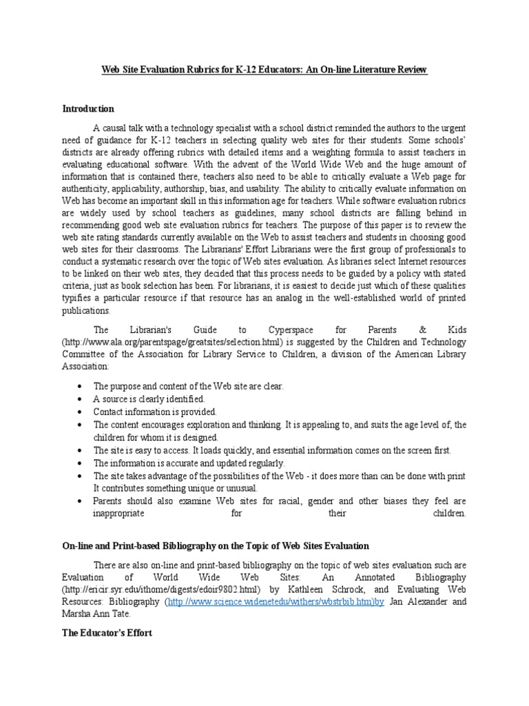 Web Site Evaluation Rubrics For K12 | PDF | World Wide Web | Internet & Web