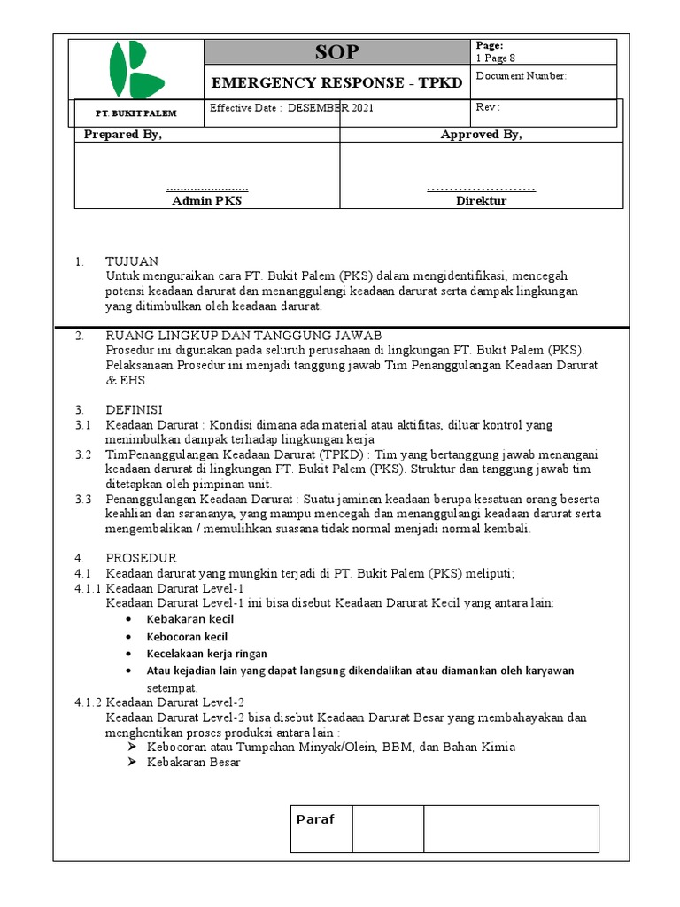 Sop Emergency Response Prosedure Pt. BPK | PDF
