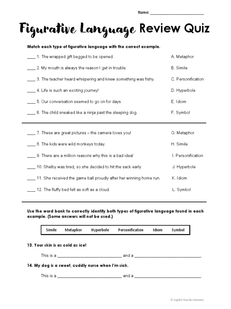 Figurative Language Review Quiz: © English Teacher Mommy | PDF | Metaphor