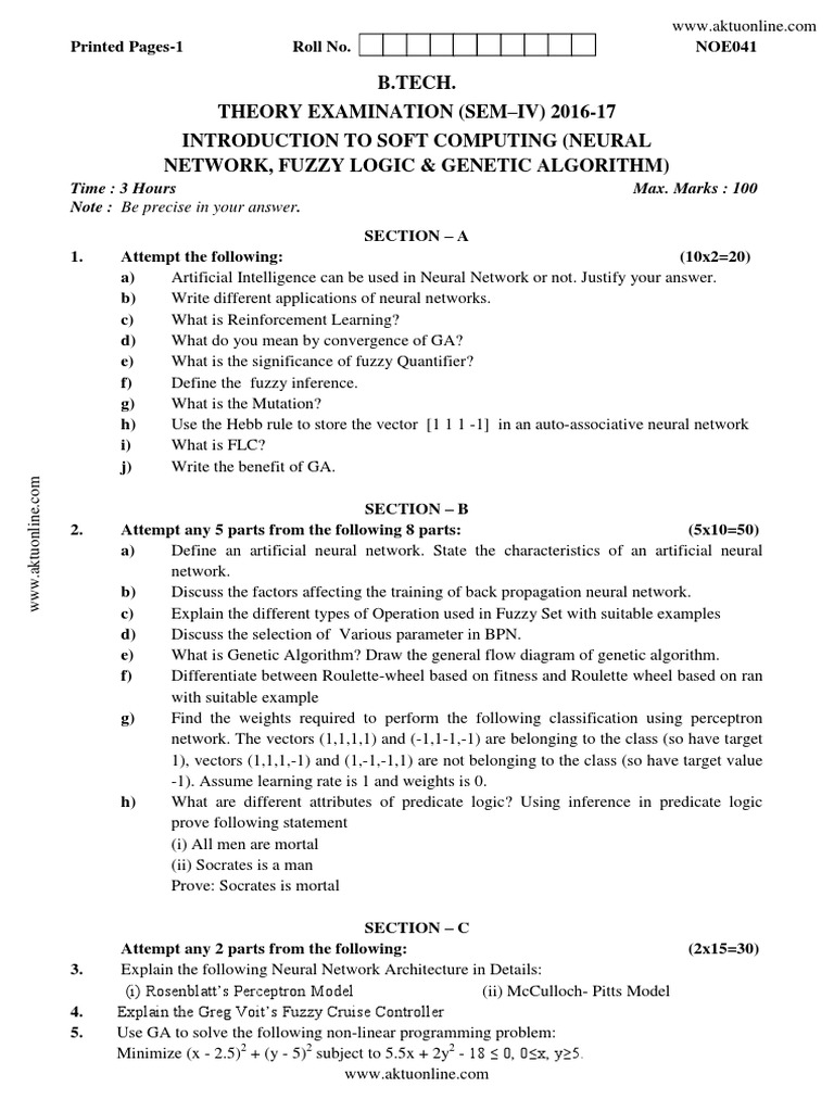 Btech Oe 4 Sem Introduction To Soft Computing Noe041 2017 | PDF | Fuzzy Logic | Genetic Algorithm
