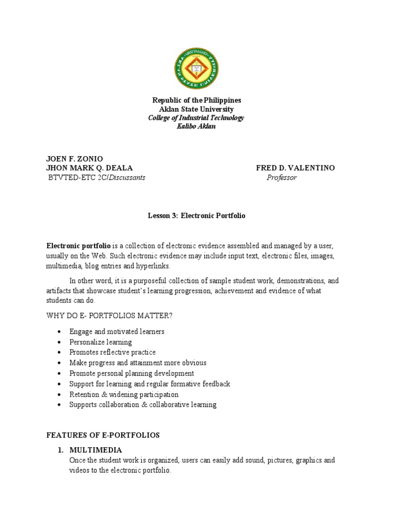 Lesson 3 Electronic Portfolio | PDF | Educational Assessment | Multimedia