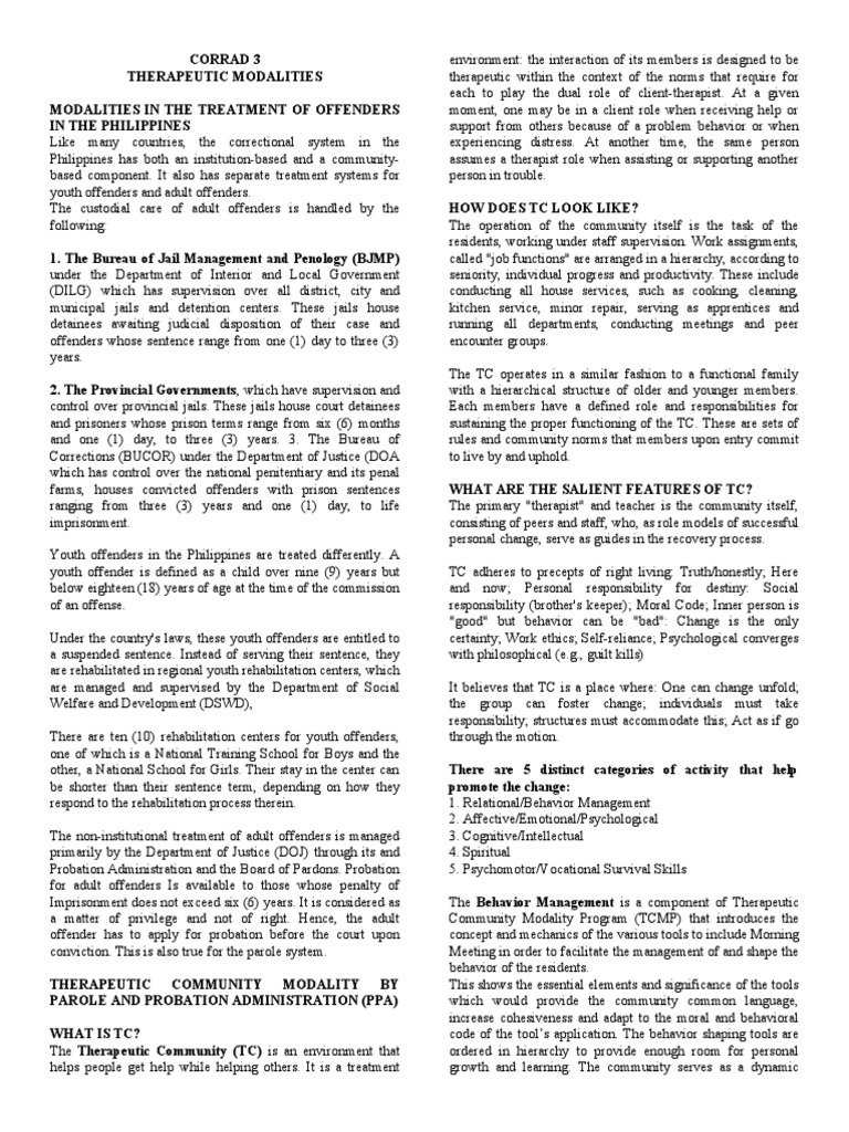 Corrad 3 Therapeutic Modalities | PDF | Prison | Psychotherapy