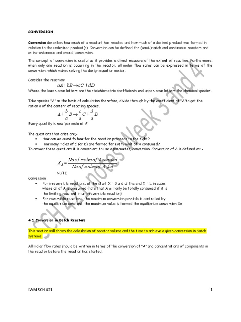 Conversion Calculations in Reactors | PDF