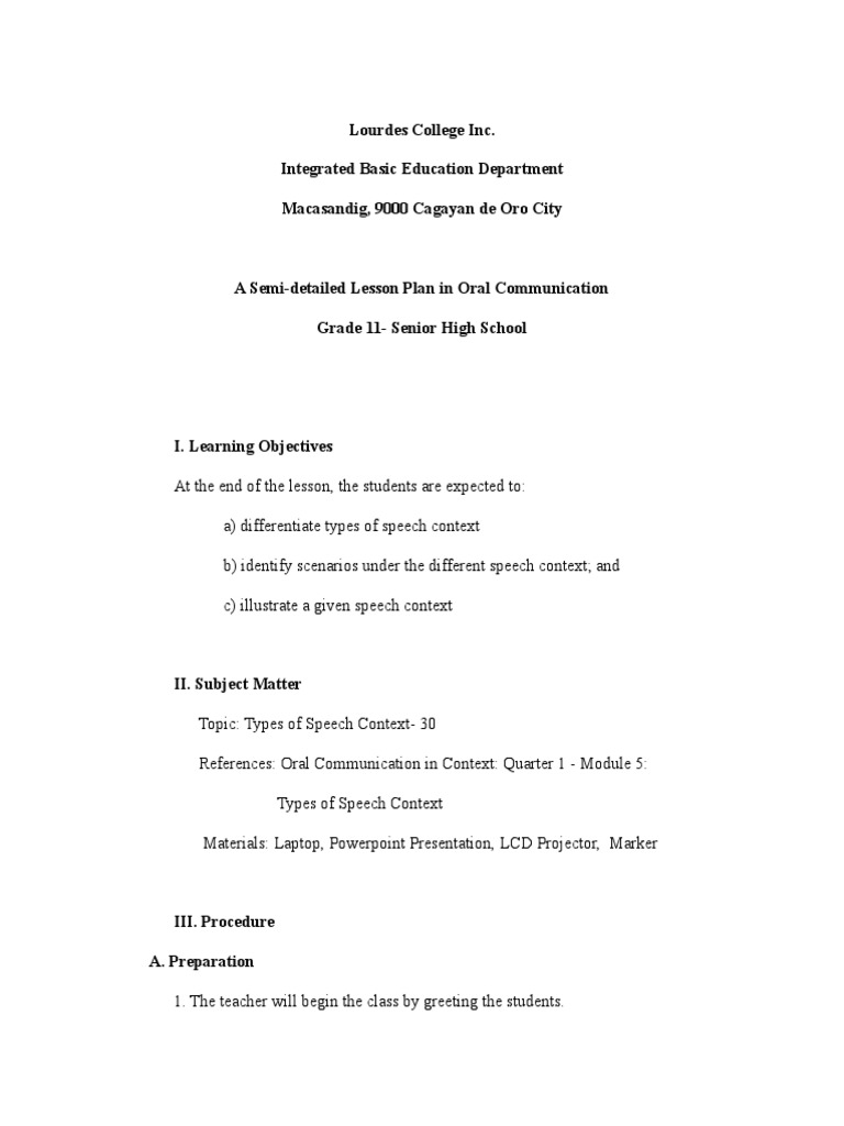 Types of Speech Context Lesson Plan | PDF | Teachers | Lesson Plan