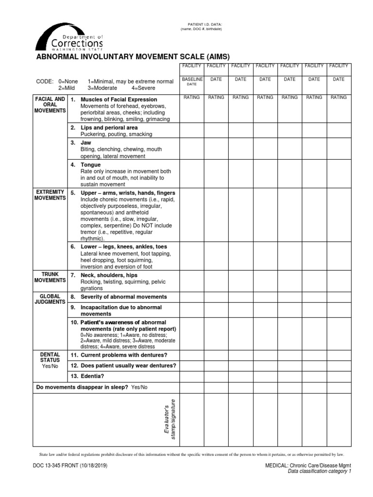 AIMS Assessment Form for Involuntary Movements | PDF | Anatomical Terms ...