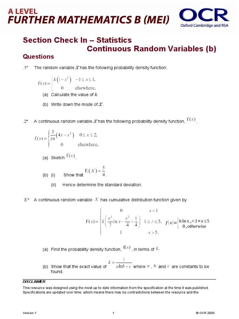 Section Check in Statistics Continuous Random Variables B | PDF | Probability Distribution ...