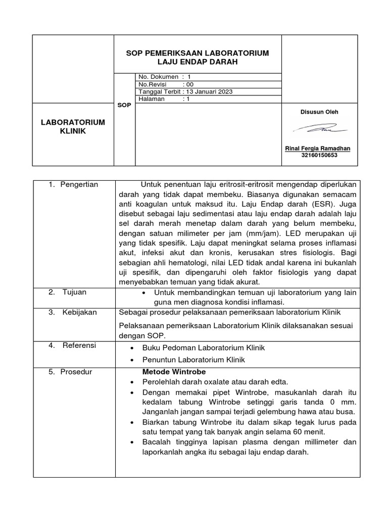 Sop Pemeriksaan Laboratorium Laju Endap Darah | PDF