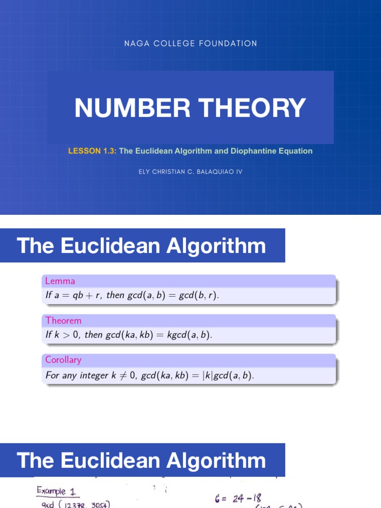 Lesson1 3-EuclideanAlgorithm&DiophantineEquation | PDF | Equations | Mathematical Analysis