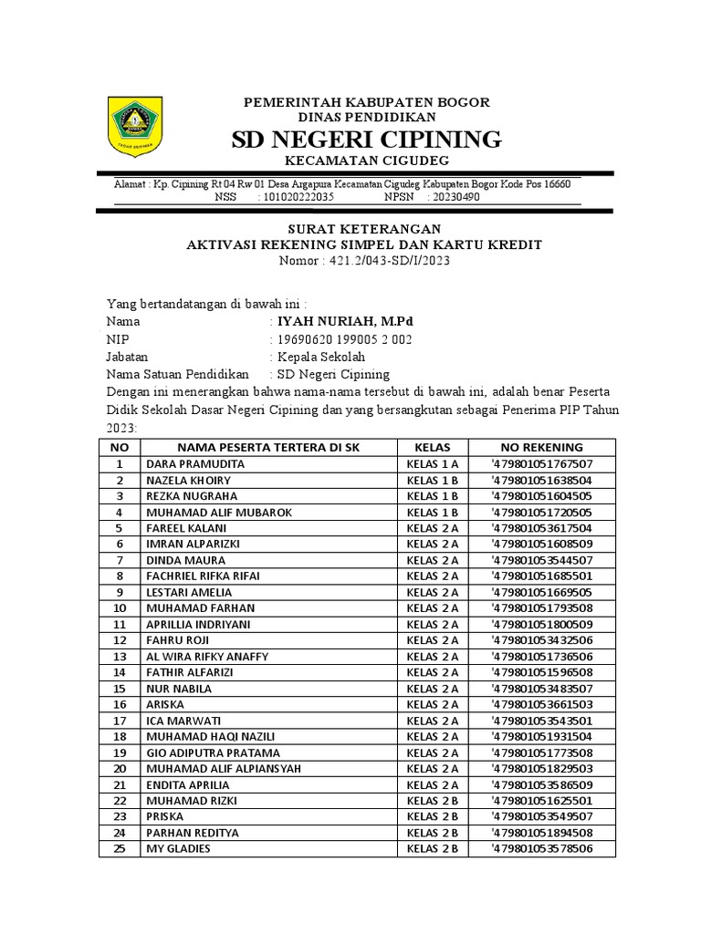 Surat Keterangan Aktivasi Rekening SimPel PIP | PDF