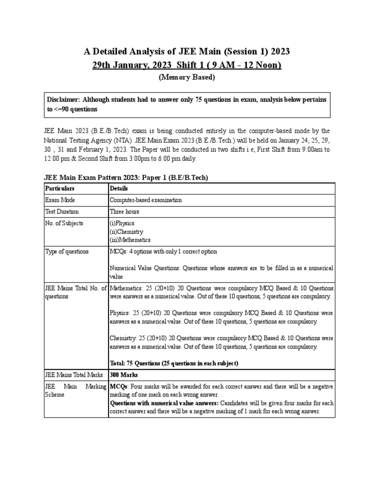 29th Jan Shift 1 Paper Analysis of JEE Main Session 1 2023 | PDF ... 29th Jan Shift 1 Paper Analysis of JEE Main Session 1 2023 | PDF ...