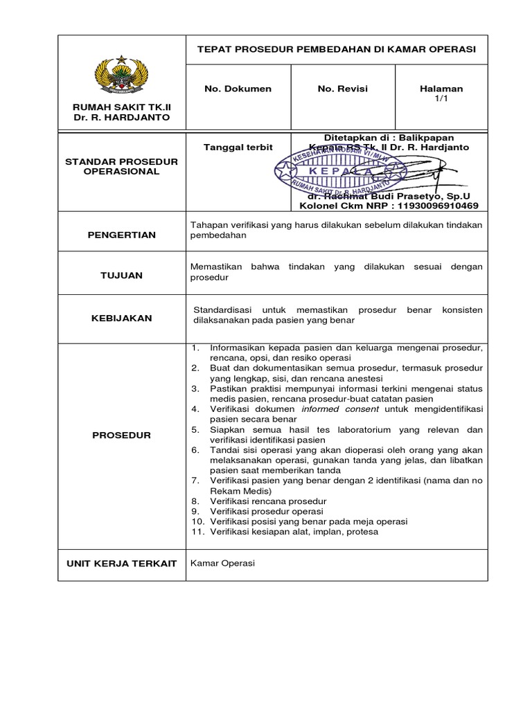 SPO Tepat Prosedur Pembedahan Di Kamar Operasi | PDF