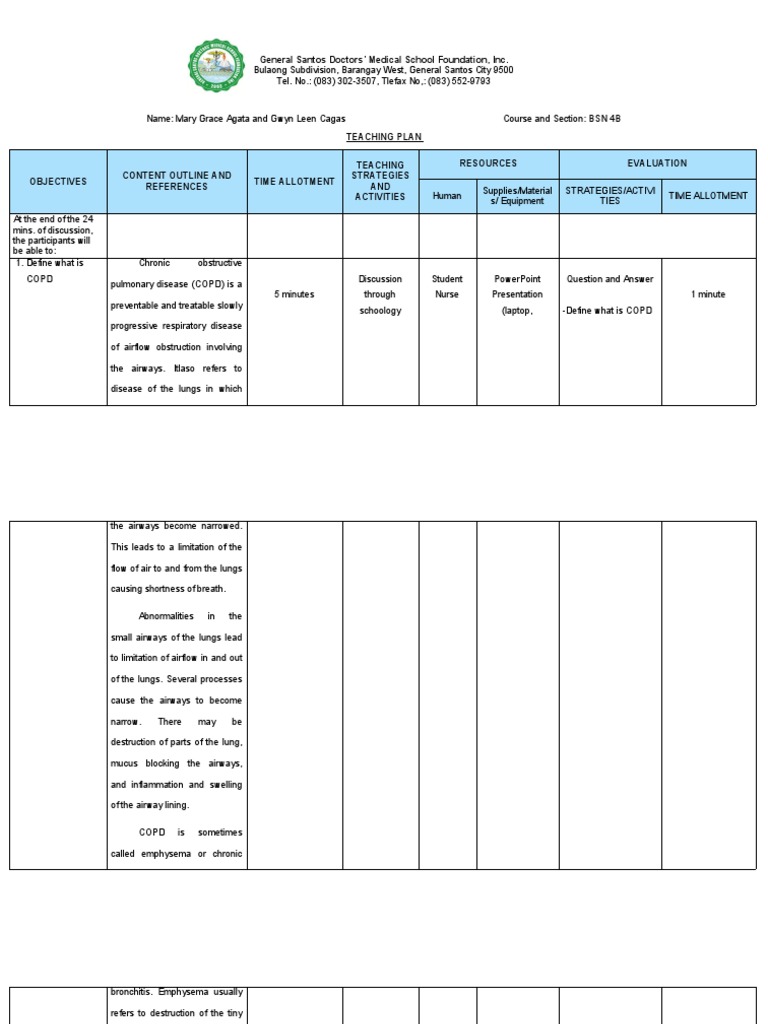Teaching Plan Copd | PDF | Chronic Obstructive Pulmonary Disease ...