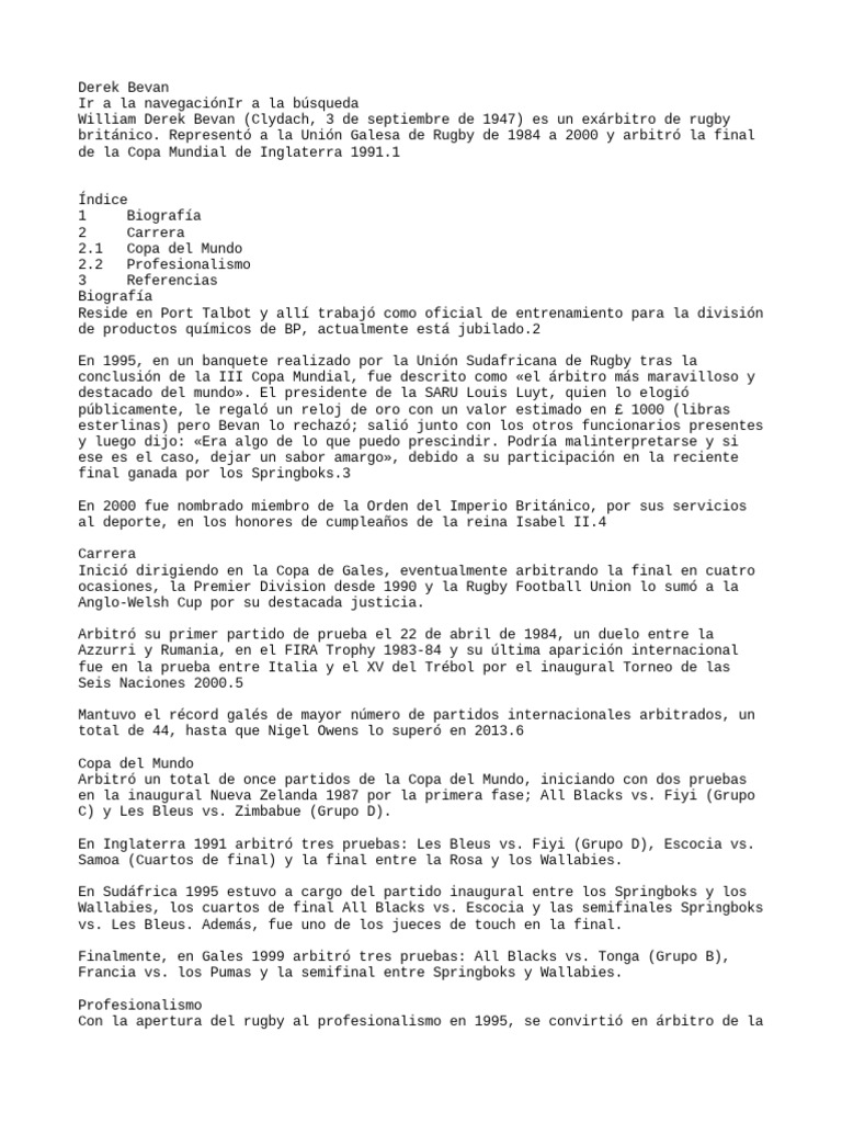 Derek Bevan | PDF | Equipo de la Unión Nacional de Rugby de Sudáfrica ...
