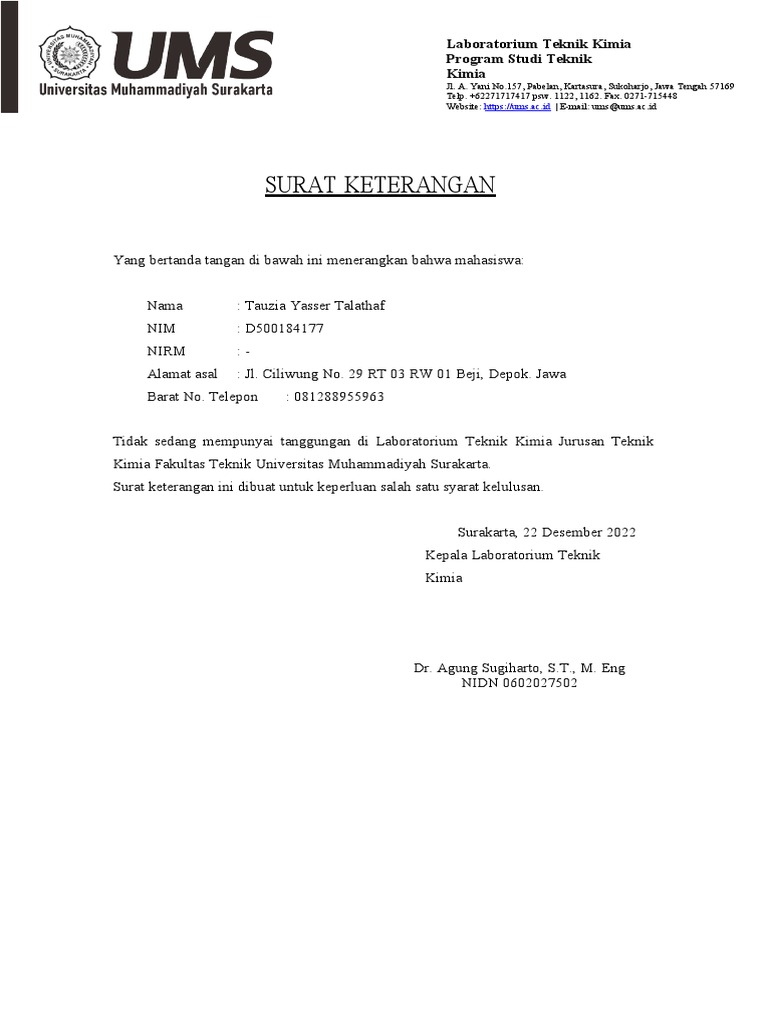 Surat Bebas Lab Tauzia Yasser Talathaf | PDF