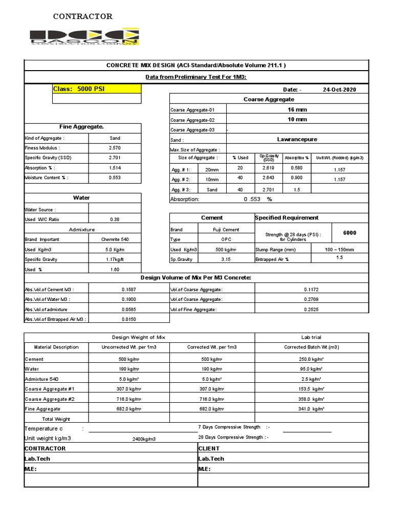 6000 PSI Concrete Mix Design Details | PDF | Concrete | Construction ...