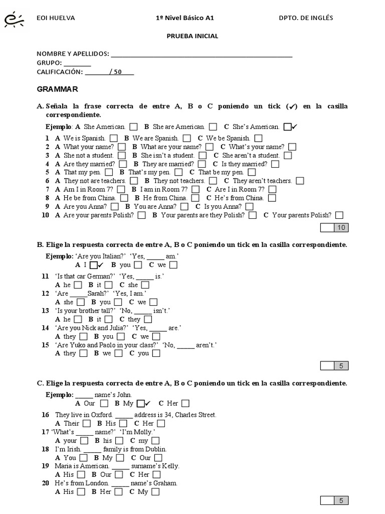 Level Test 1st Year Basic Level A1 | Download Free PDF | Linguistics