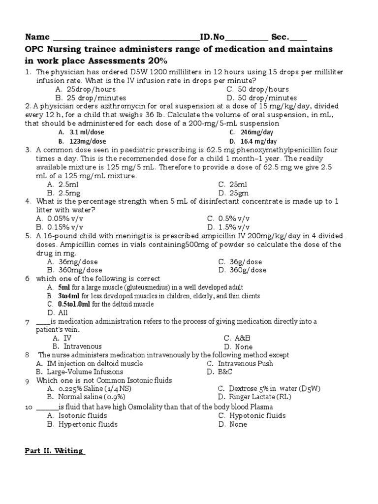 OPC Nursing Assessments 20% | PDF | Intravenous Therapy | Saline (Medicine)