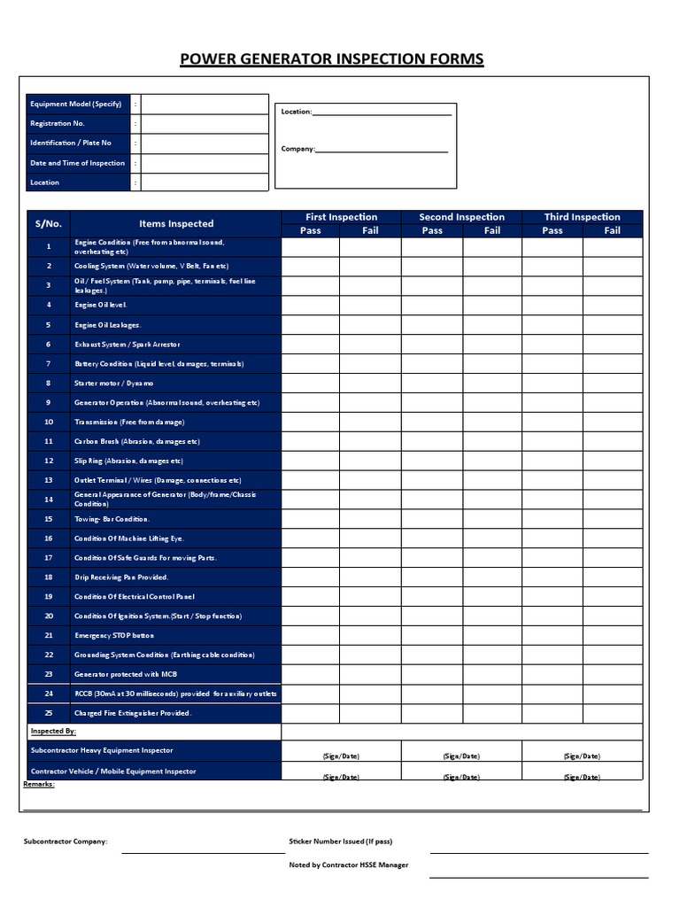 POWER GENERATOR INSPECTION CHECKLIST | PDF | Electric Generator ...