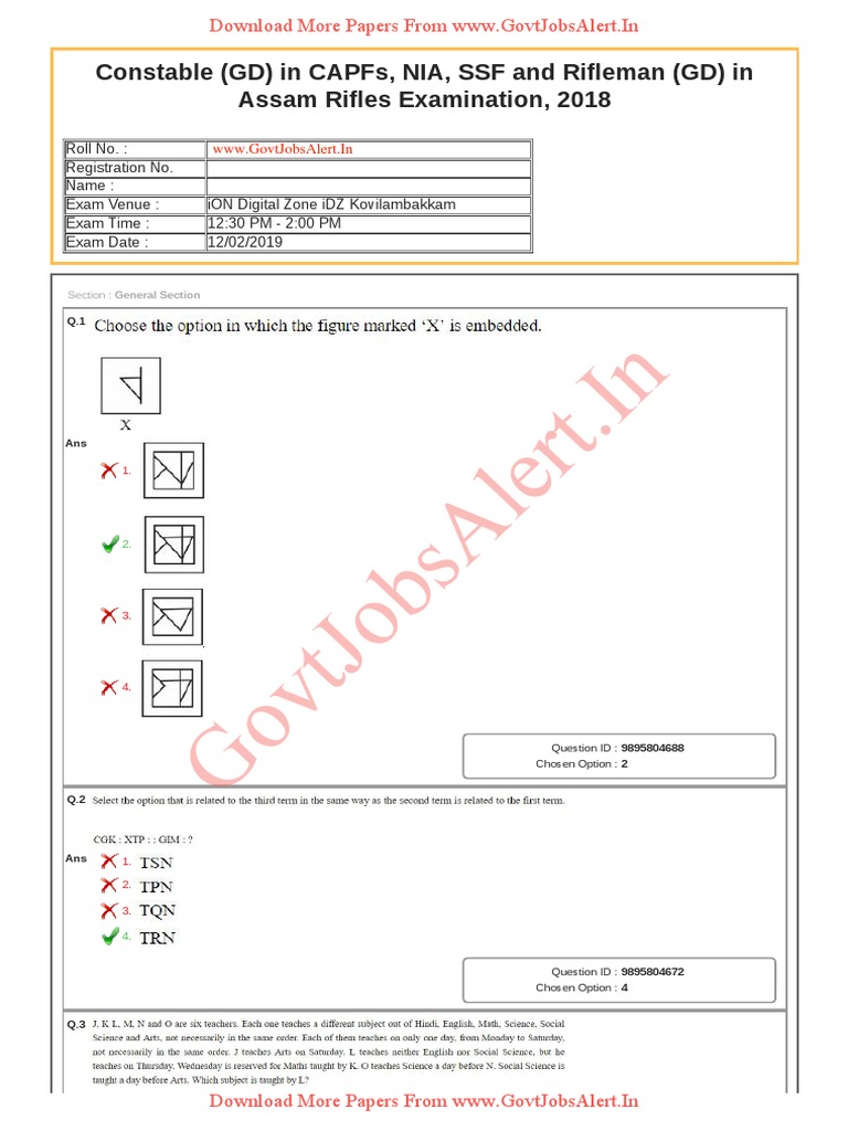 SSC GD Previous Year Question Paper 2018 - Set 41 in English | PDF ...