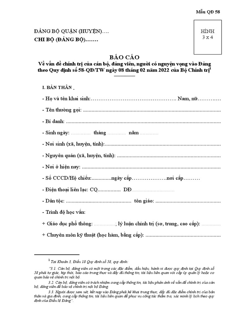 Mau Ly Lich Can Bo QD 58 - 221220229 | PDF