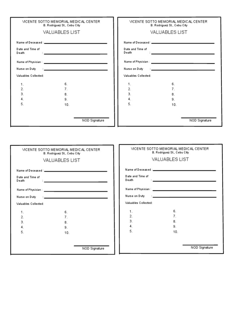 Valuables List | PDF | Health Care | Health Sciences