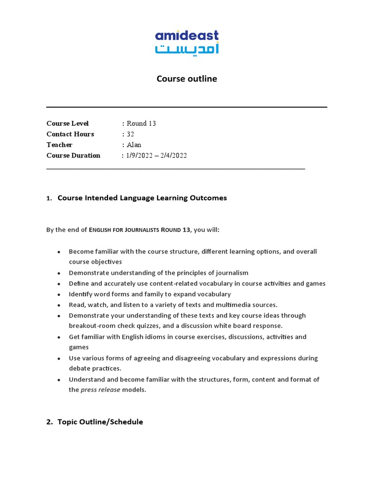 English for Journalists Course Outline | PDF | Vocabulary | English ...