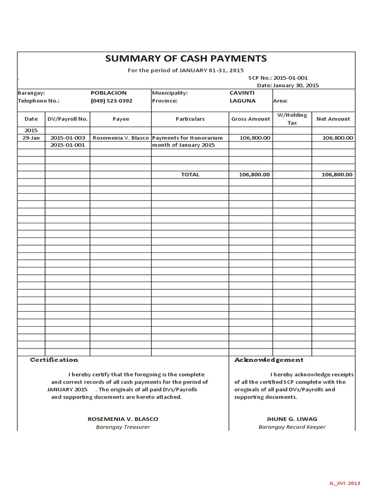 Summary of Cash Payments 2016 | PDF | Payments | Receipt