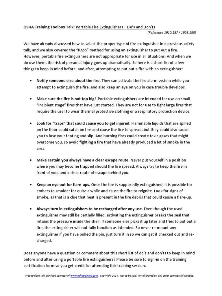 OSHA Training Toolbox Talk - Portable Fire Extinguishers - Dos and ...