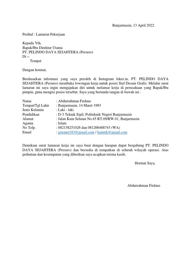 PT - Pds Pelindo Daya Sejahtera (Surat Lamaran) .99docx | PDF