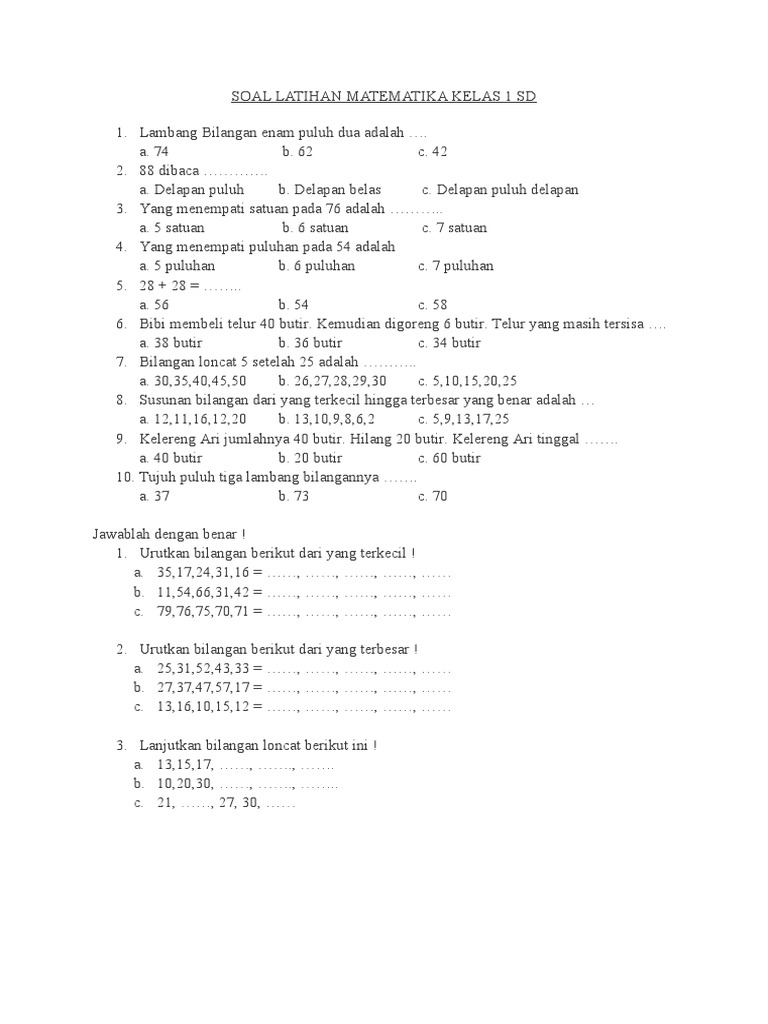 Soal Latihan Matematika Kelas 1 SD | PDF