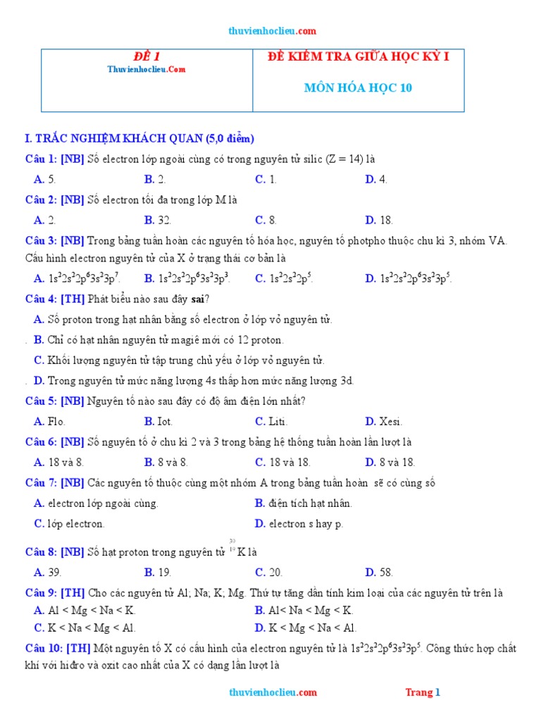 Bo de Kiem Tra Giua HK1 Hoa 10 Co Dap An | PDF