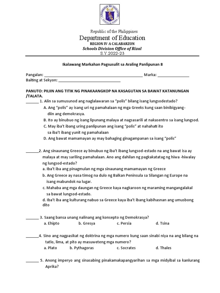 AP 8 Quarter-2 Exam 50items | PDF