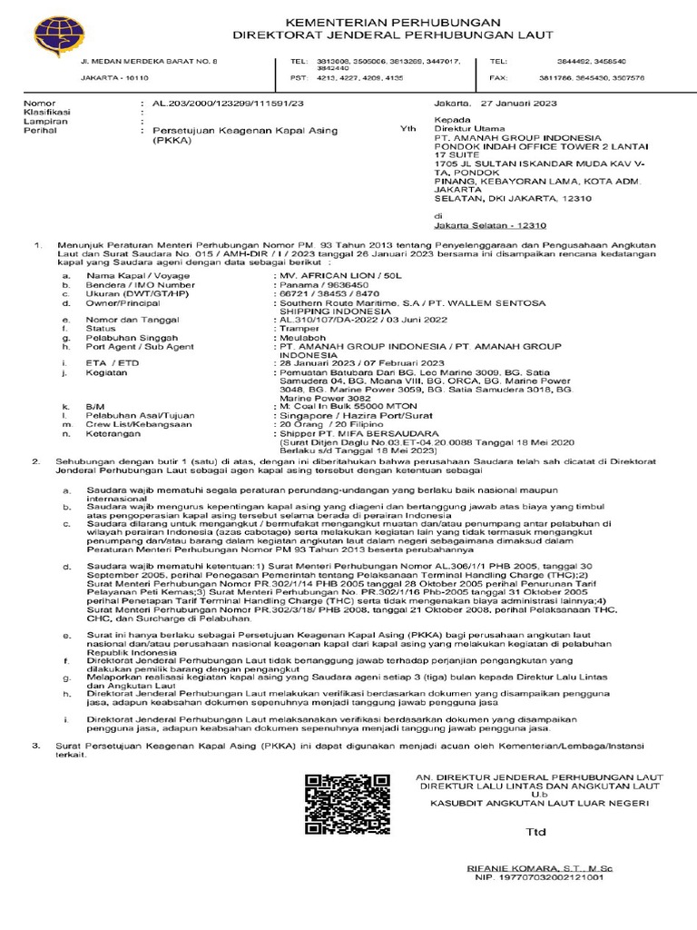 PKKA Perpanjangan MV. AFRICAN LION | PDF
