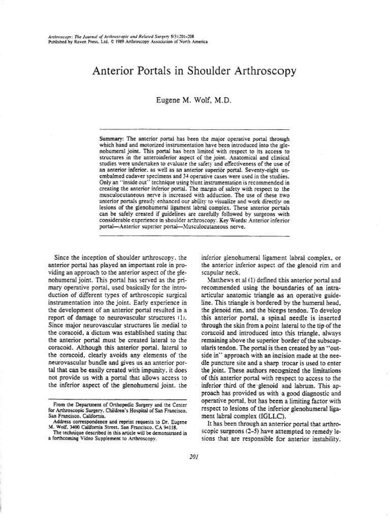 Anterior Portals in Shoulder Arthros | PDF | Anatomical Terms Of Motion ...