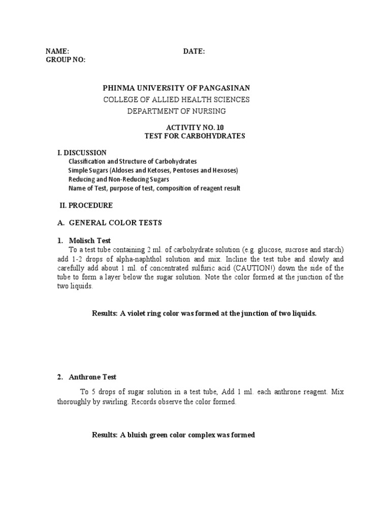 (Bio 024) Lab Activity 10 - Cho | PDF | Carbohydrates | Chemistry