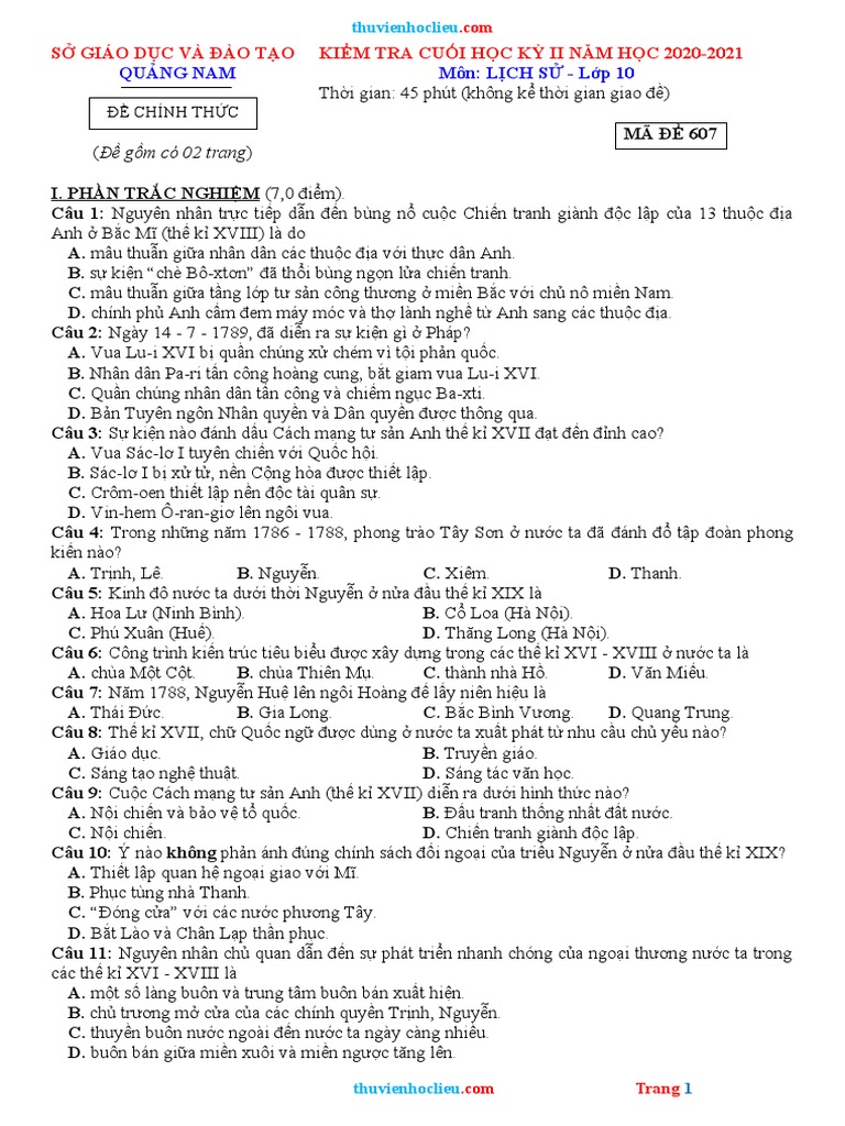 De Thi Hk2 Lich Su 10 Quang Nam 2020 2021 | PDF