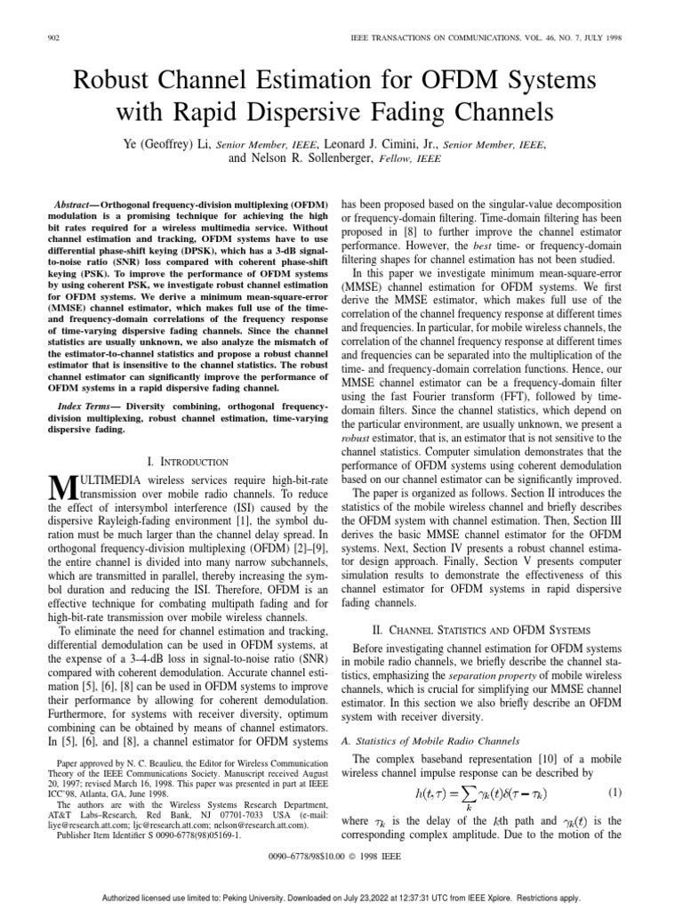 Robust Channel Estimation For OFDM Systems With Rapid Dispersive Fading Channels | PDF ...