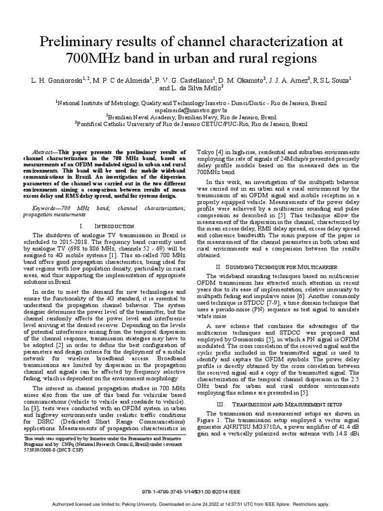 Preliminary Results of Channel Characterization at 700MHz Band in Urban and Rural Regions | PDF ...