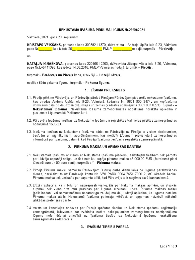 Dzivokla Pirkuma Ligums KV05102021 | PDF