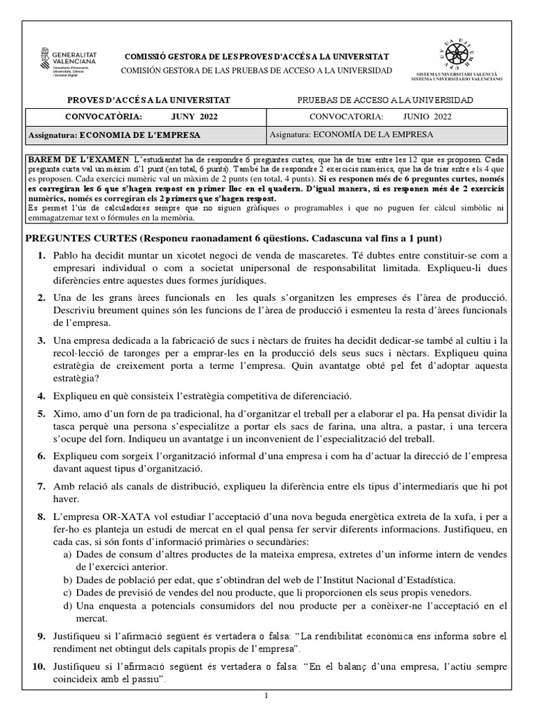 Examen ECO Juny 22 | PDF