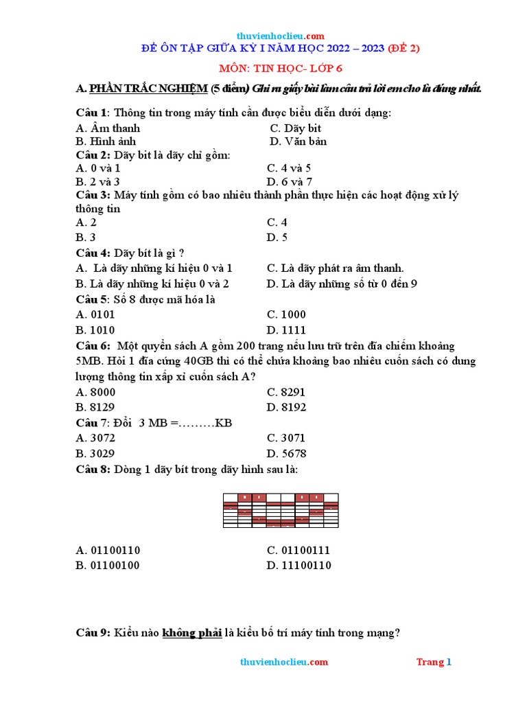 De On Tap Giua HK1 Tin Hoc 6 Nam 2022 2023 de 2 | PDF