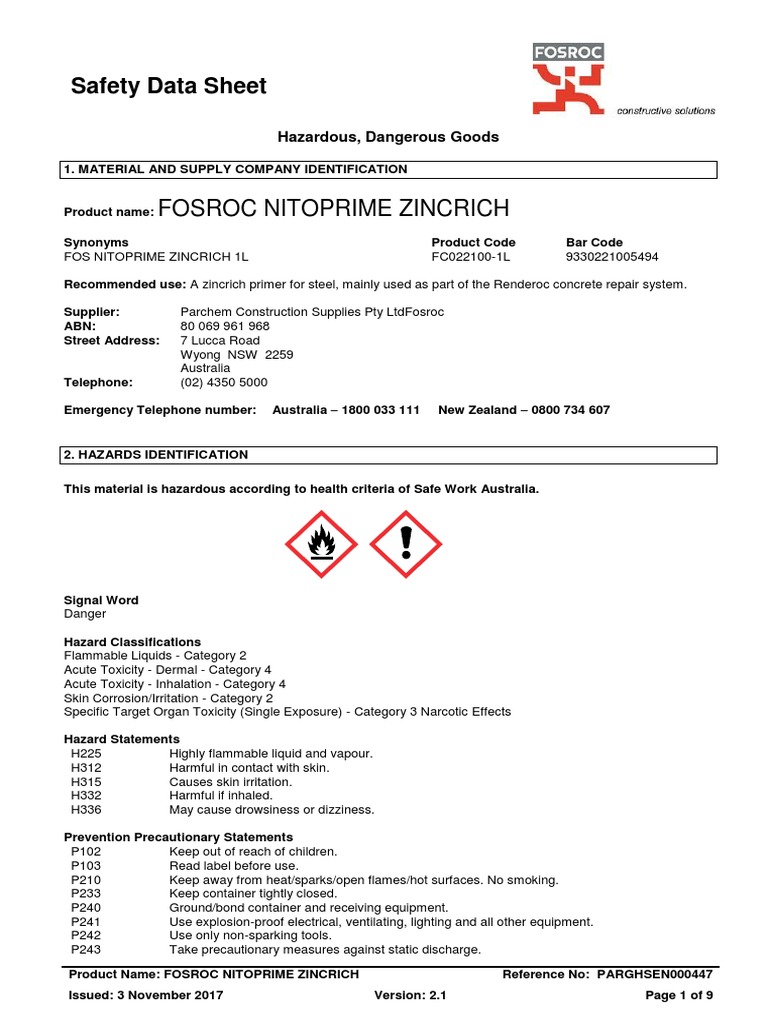 FOSROC Nitoprime Zincrich Safety Data | PDF | Dangerous Goods | Toxicity
