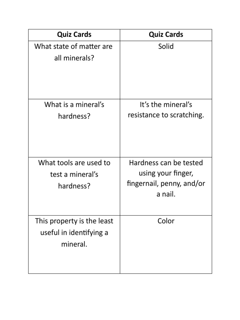 Mineral Properties Quiz Cards | PDF