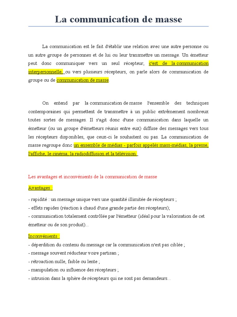 Cours La Communication de Masse | PDF | Sciences sociales