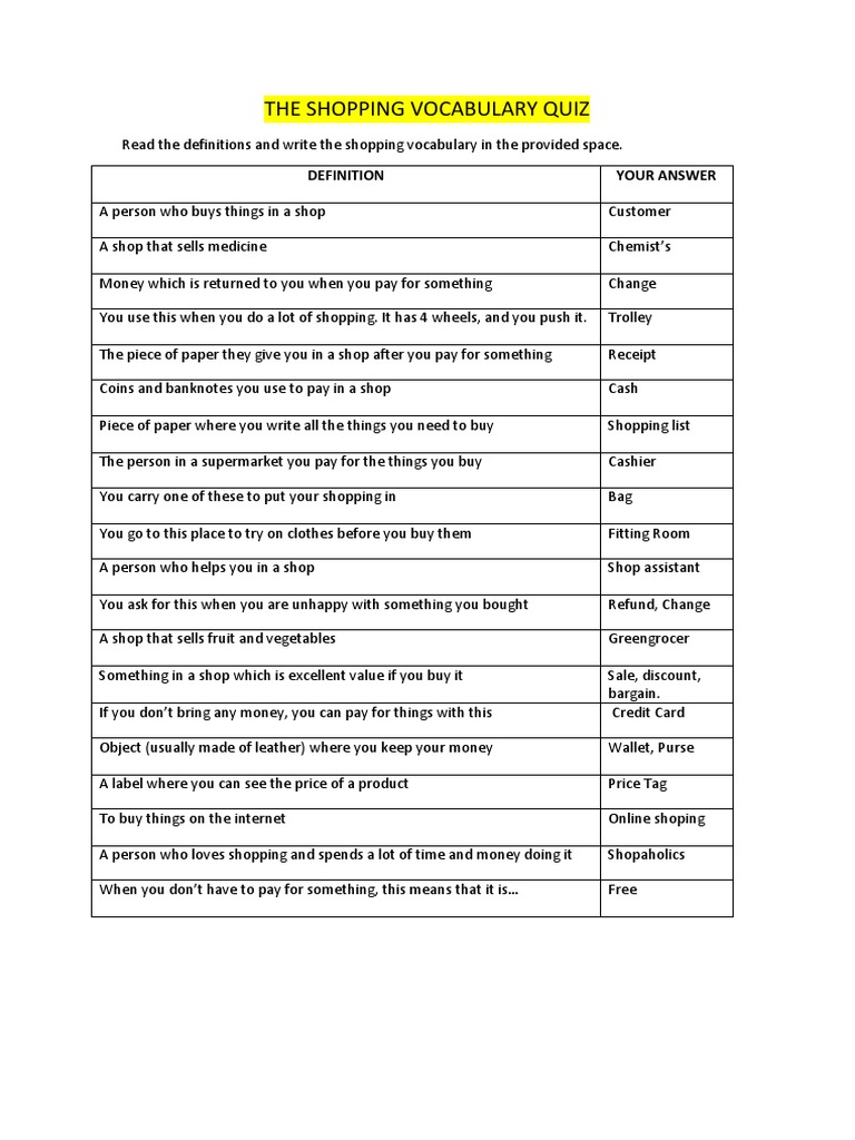 Shopping Vocabulary Challenge | PDF